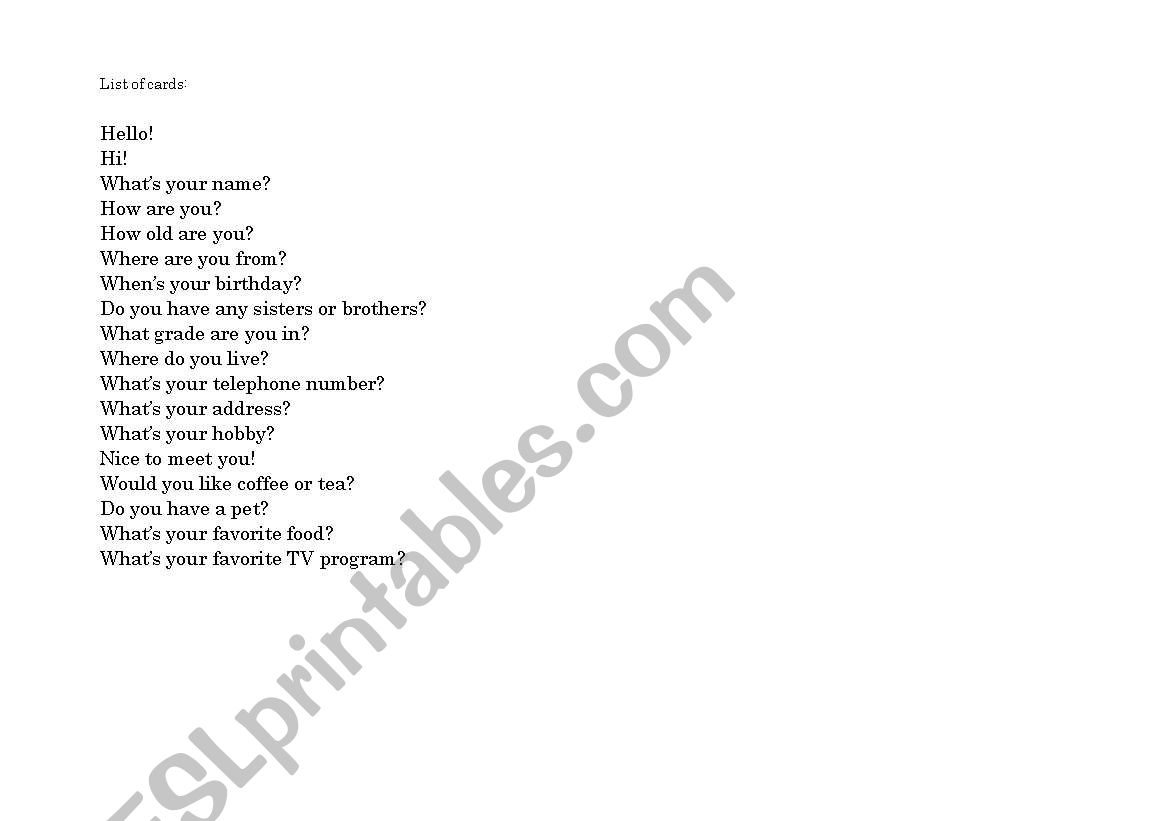 English worksheets: Let´s get Acquainted! Flash Cards. Part1