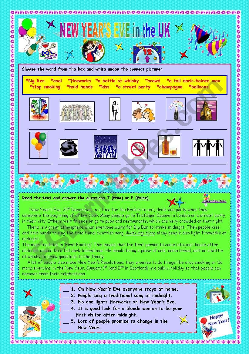 NEW YEARÂ´S EVE in the UK (fully editable & key) - ESL worksheet by renko6