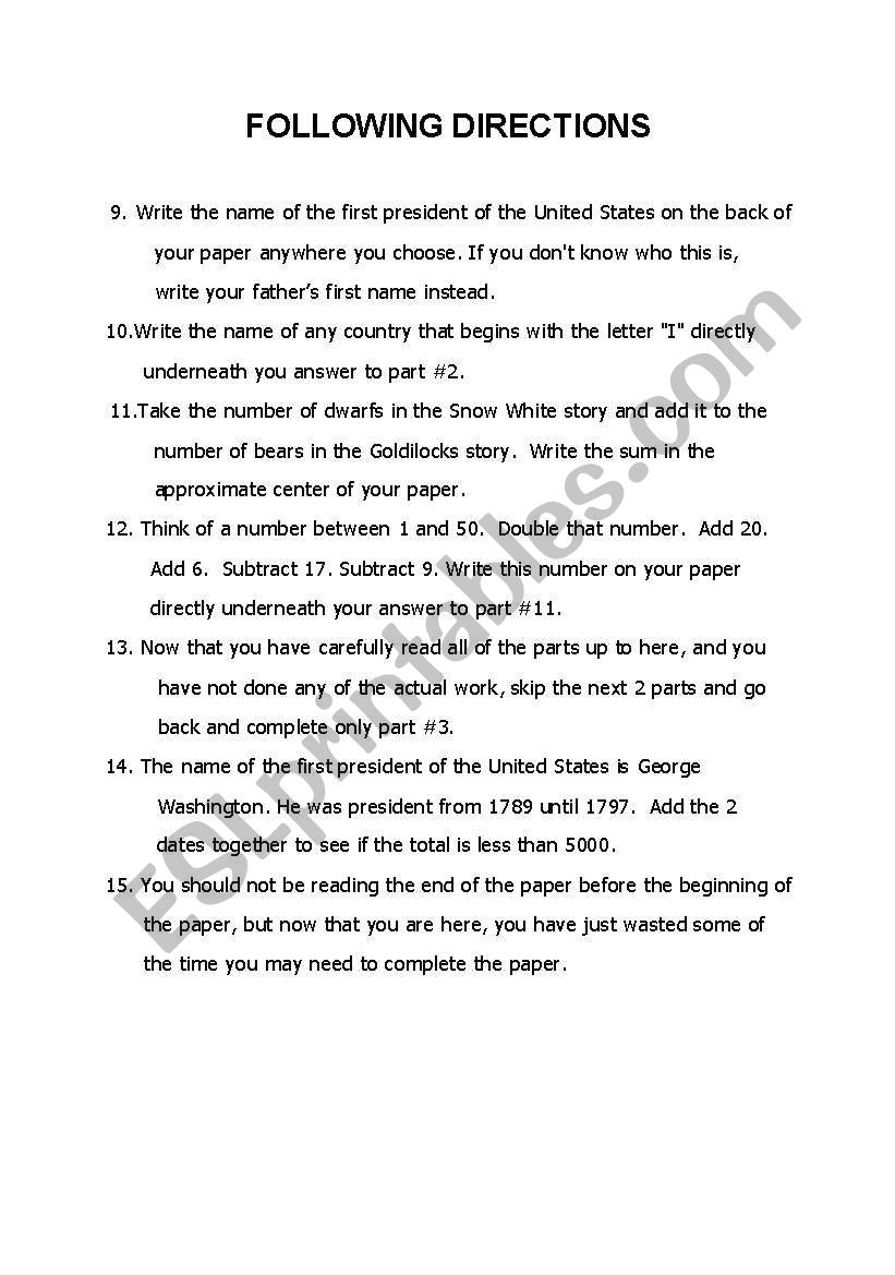 Following Directions Worksheet Trick