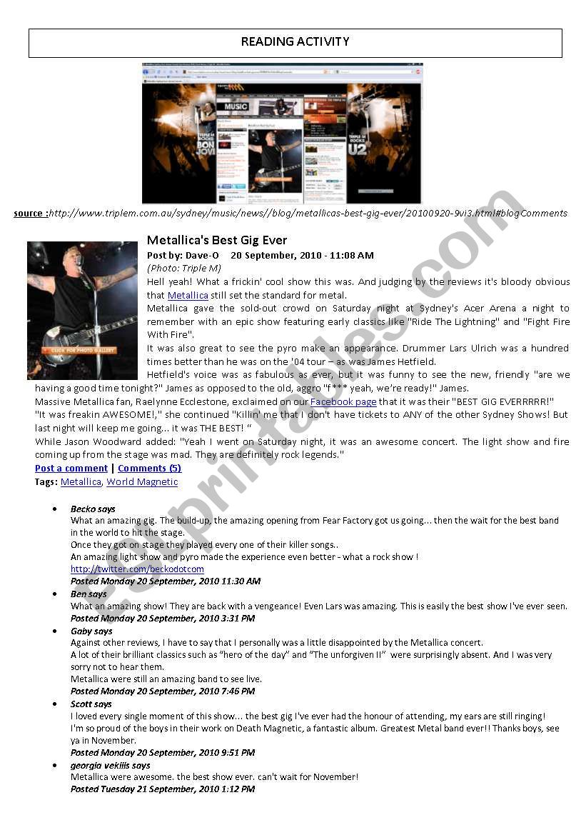 English worksheets: Metallica´s best gig ever