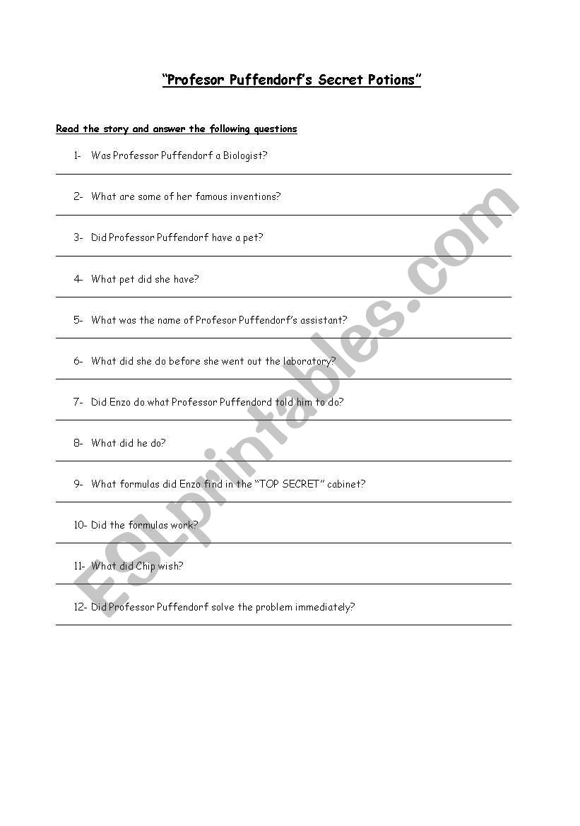 English worksheets: "Professor Puffendorf´s Secret Potion"