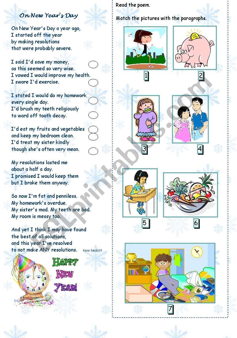 On new year´s day poem + new year´s resolutions - ESL worksheet by nephelie