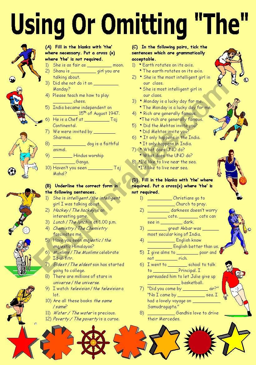 USING or OMITTING ARTICLE “THE” (Editable with Key) - ESL worksheet by ...