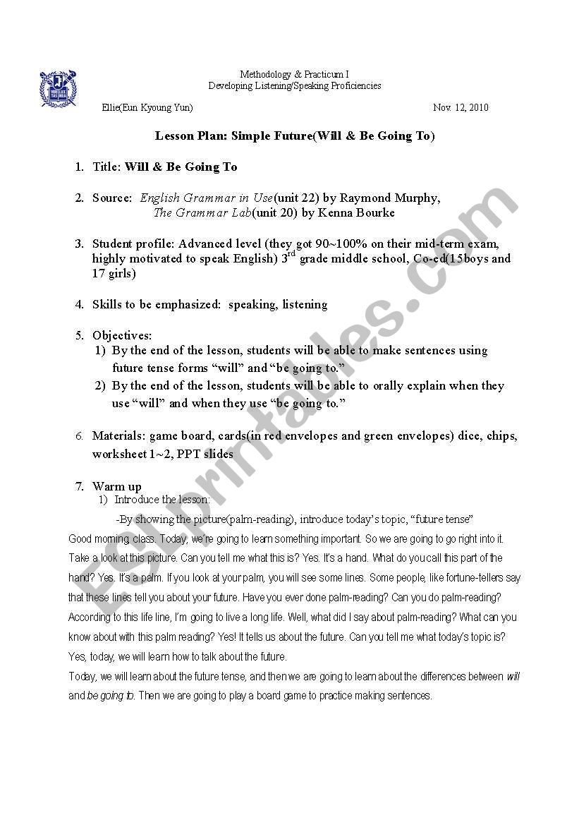 A Lesson Plan for Future Tense - ESL worksheet by nooniwa A Lesson Plan for Future Tense - ESL worksheet by nooniwa