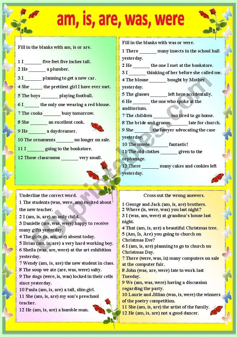 Am Is Are Was Were Activity Worksheets Pdf Am Is Are Was Were 