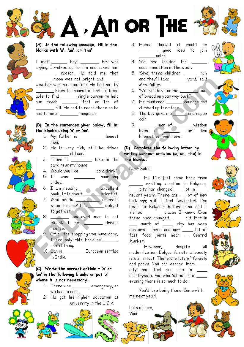Exercises on ARTICLES “A”, “AN” & “THE” (Editable with Key) - ESL ...