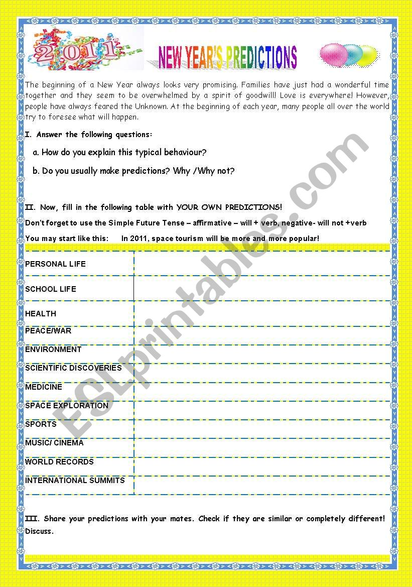 NEW YEAR´S PREDICTIONS - ESL worksheet by teresapr