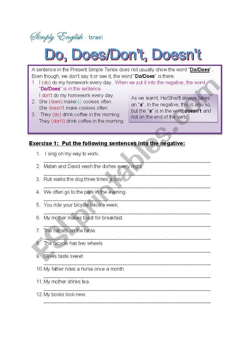 Do, Does, Don´t, Doesn´t - ESL worksheet by JudyHalevi