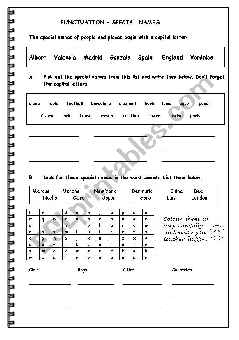 PUNCTUATION – SPECIAL NAMES - ESL worksheet by sabados