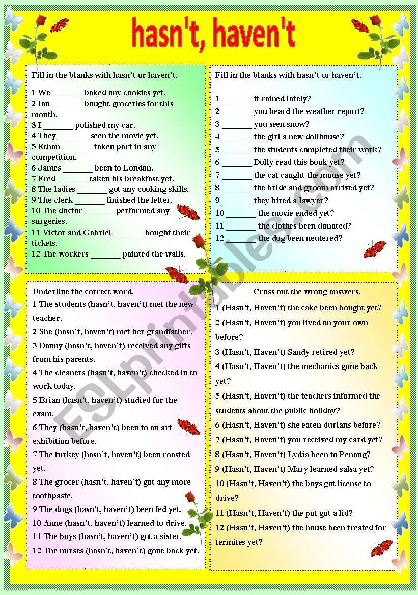 HASN´T, HAVEN´T - WITH B/W VERSION AND ANSWER KEY - ESL worksheet by ...