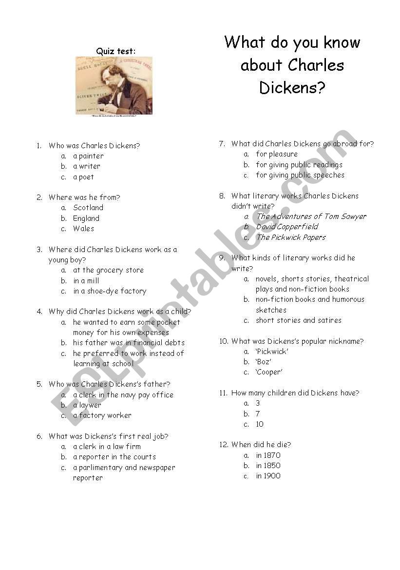Charles Dickens´s quiz - ESL worksheet by monika.janiszek