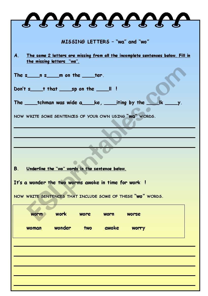 English worksheets: MISSING LETTERS – “wa” and “wo”
