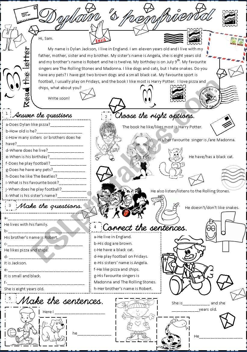 Dylan´s penfriend - ESL worksheet by angelamoreyra