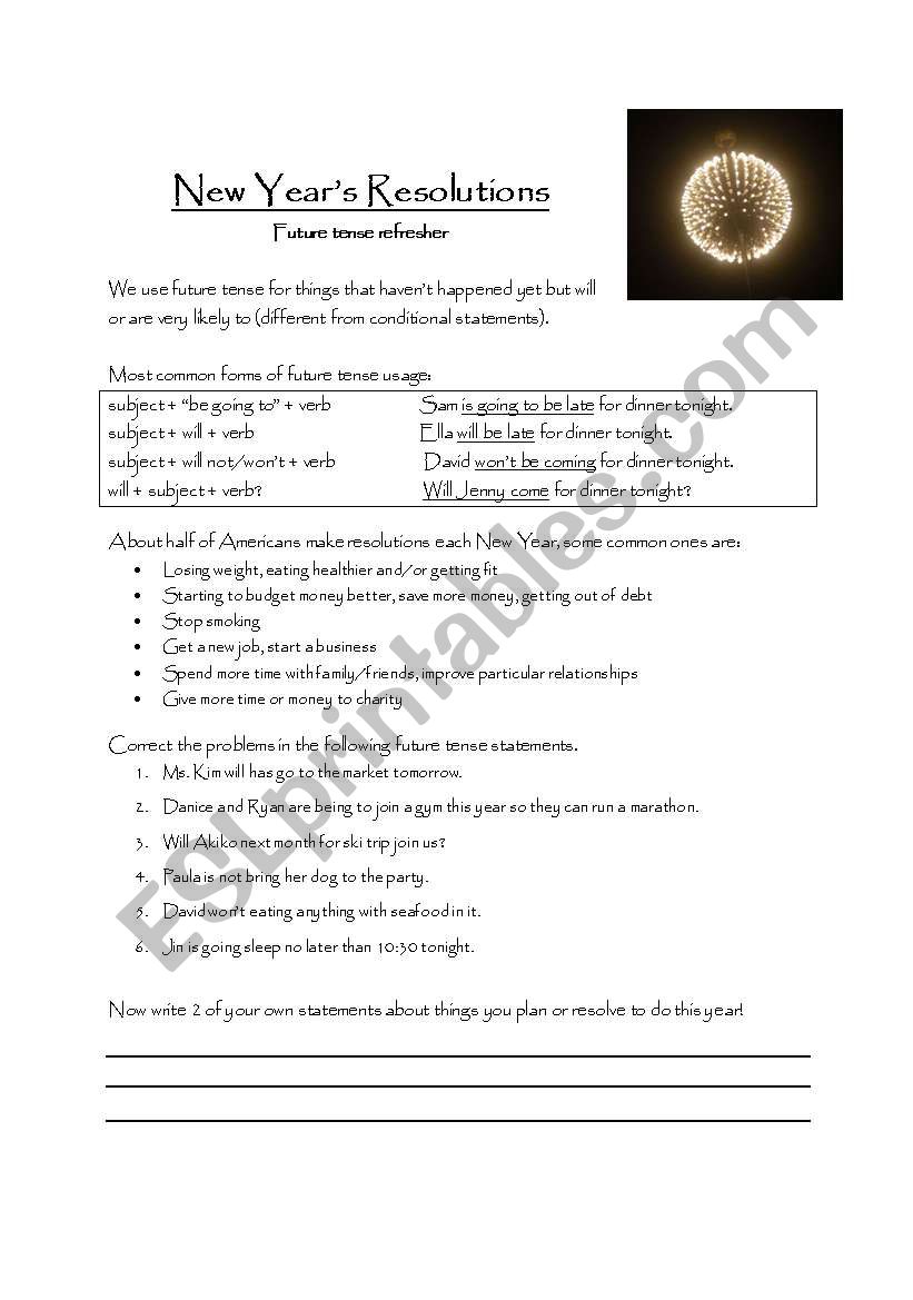 New Year´s Future Tense Refresher - ESL worksheet by Smarshy