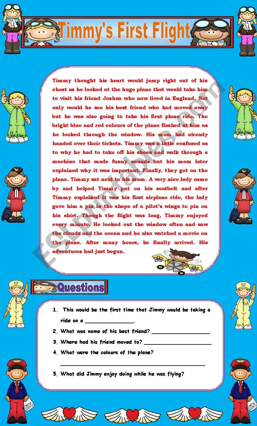 Comprehension - Timmy´s First Flight! - ESL worksheet by Lyrill