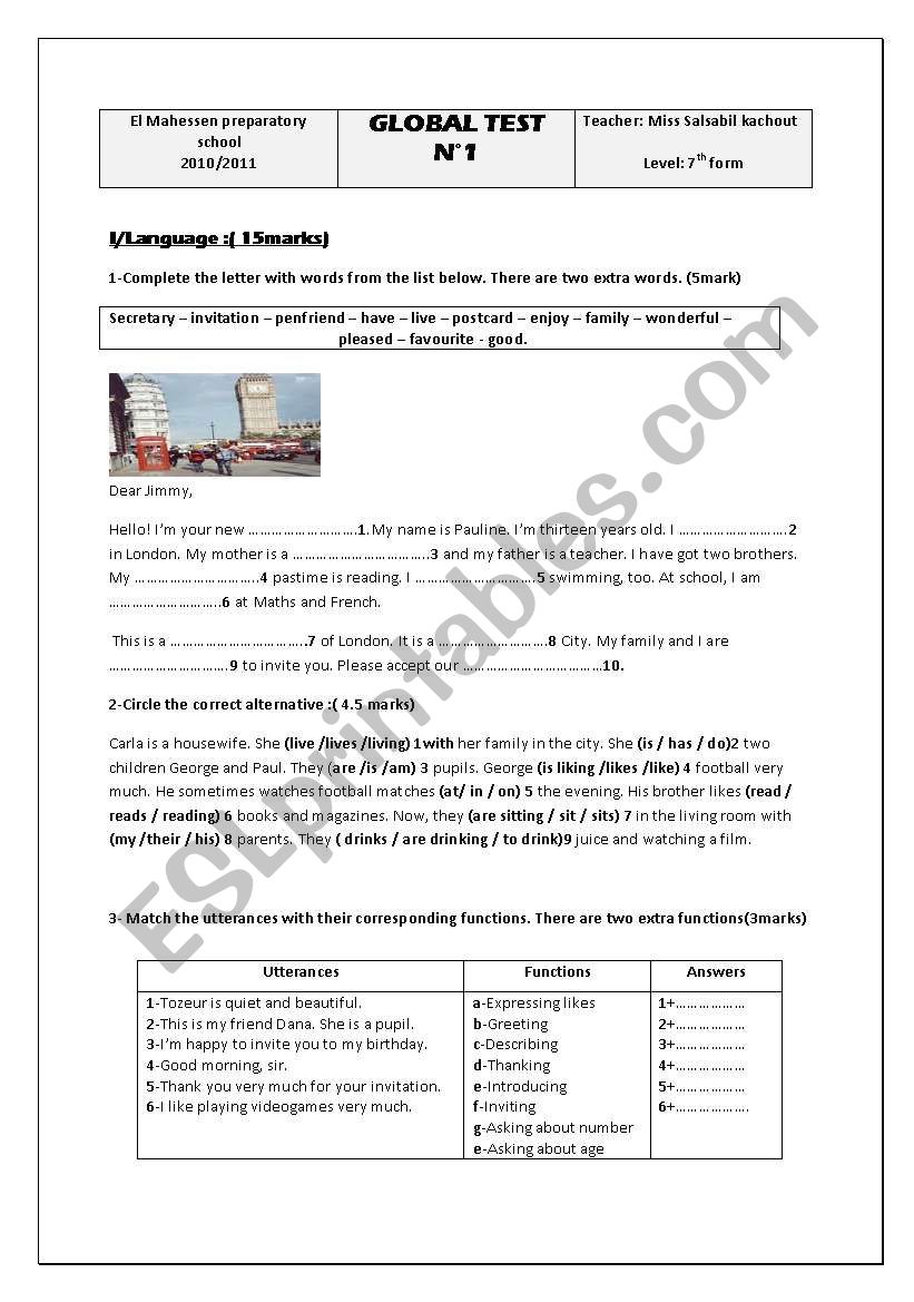 global test N°1 - ESL worksheet by salsabilkach@yahoo.fr