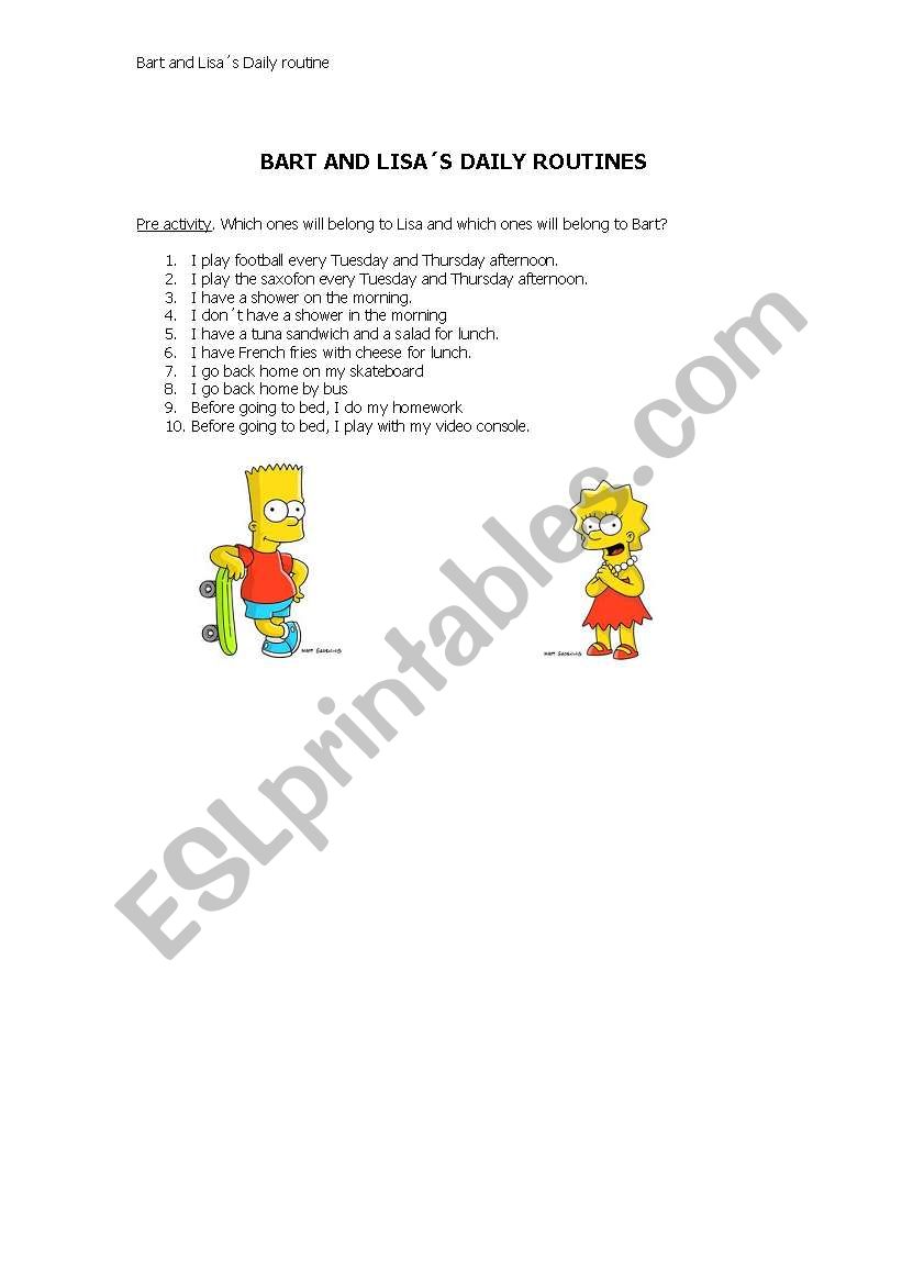English worksheets: Bart and Lisa´s daily routines