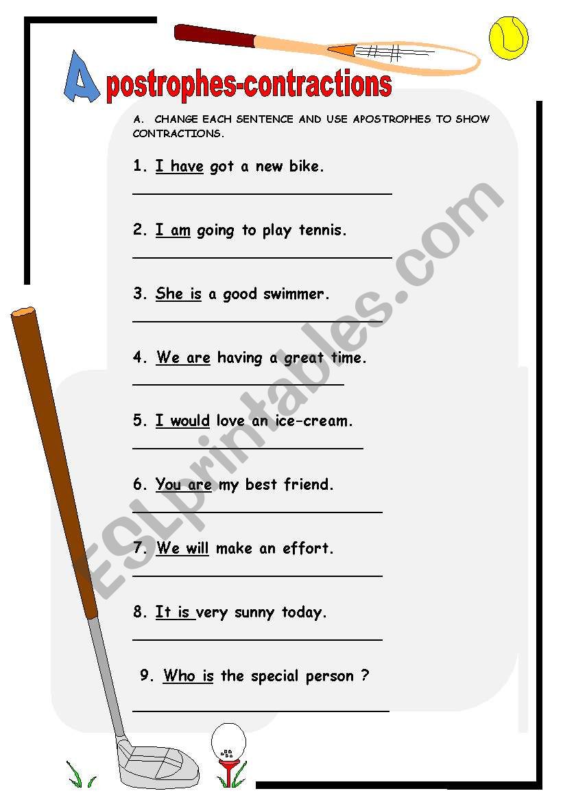 APOSTROPHES â€“ CONTRACTIONS - ESL worksheet by sabados