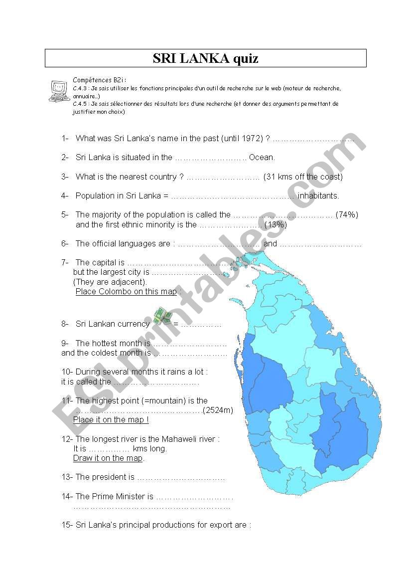 English Worksheets Sri Lanka Quiz