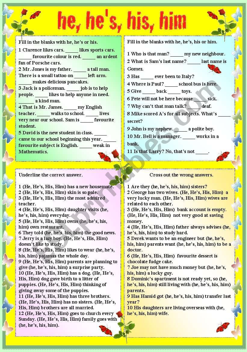 HE, HE´S, HIS, HIM -WITH B/W AND ANSWER KEY - ESL worksheet by Sharin Raj