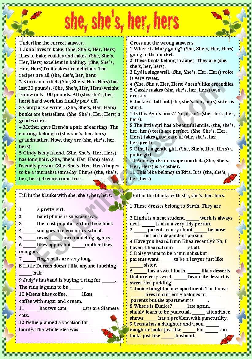 SHE, SHE´S, HER, HERS -WITH B/W AND ANSWER KEY - ESL worksheet by ...