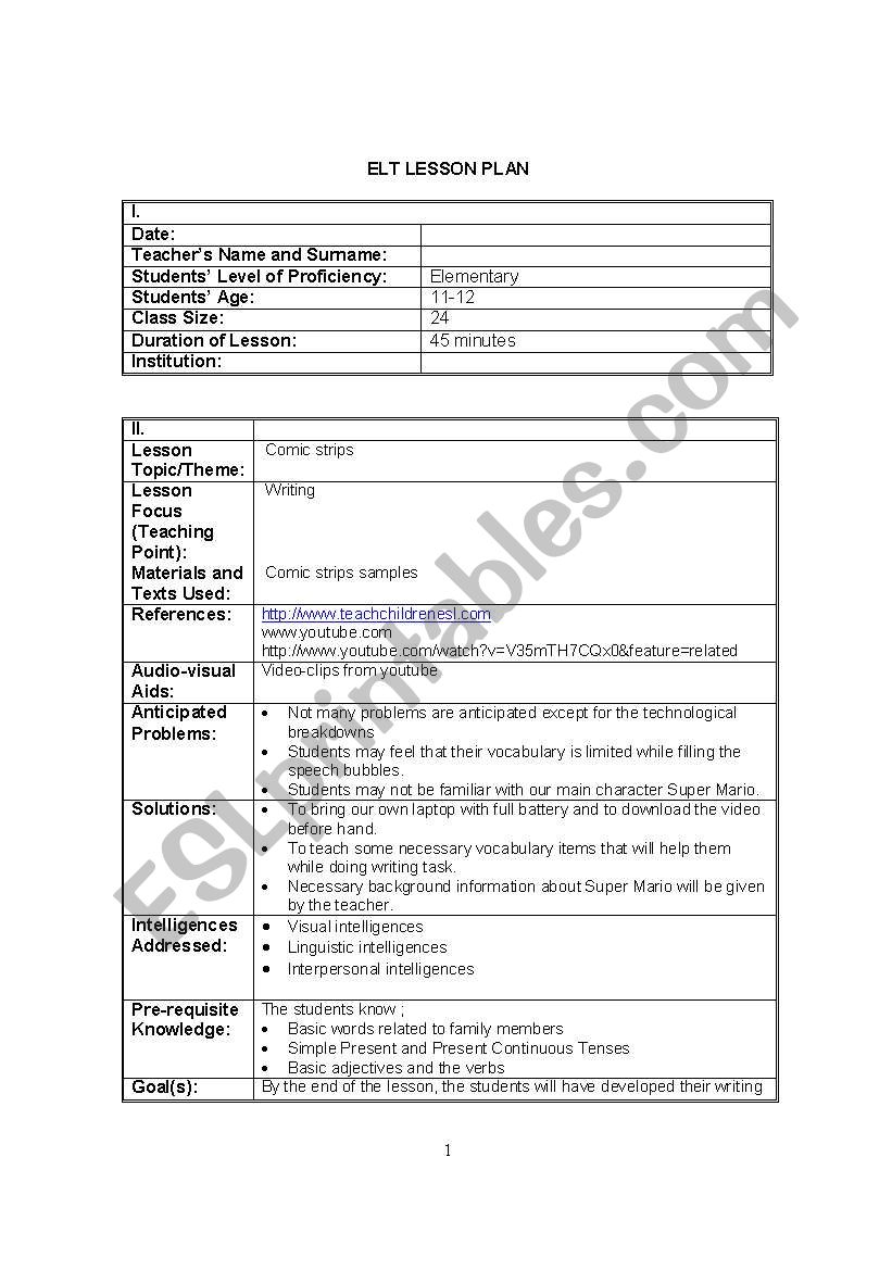 Comic Strips Elementary Writing Lesson Plan ESL Worksheet By Shiny771