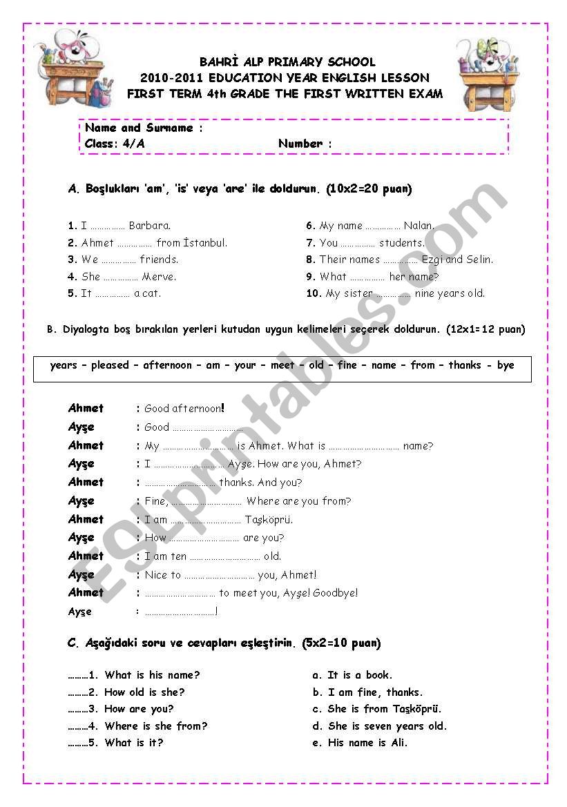 Grade 4 First Term First Exam ESL Worksheet By Conanarslantr