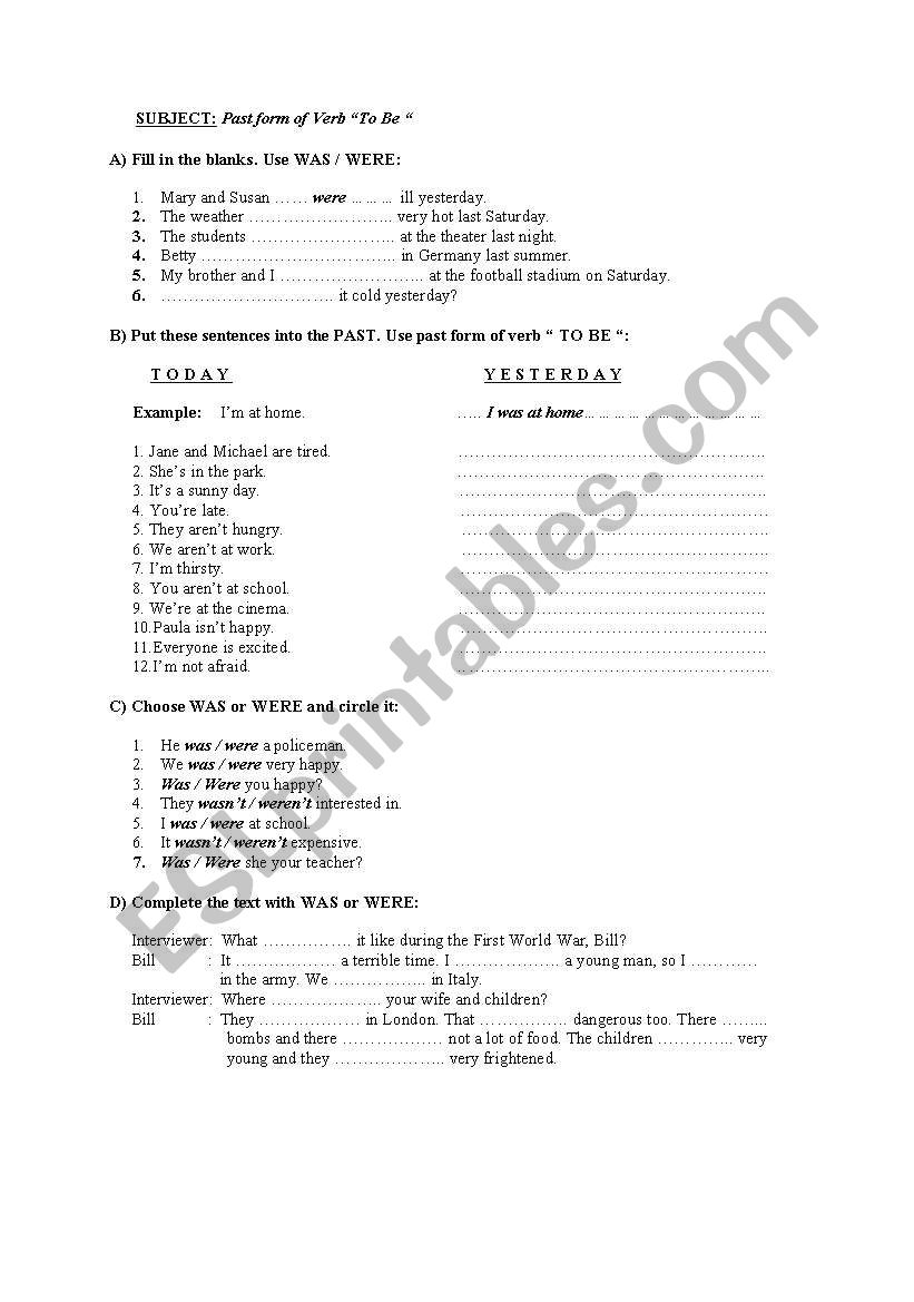 English worksheets: Simple past ´ to be´