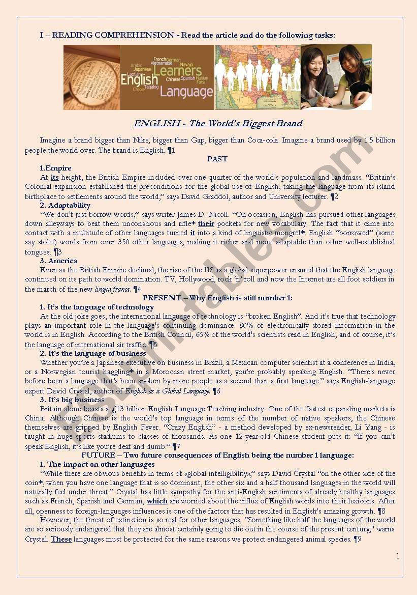 Test: English, the World´s Biggest Brand - ESL worksheet by sofingles