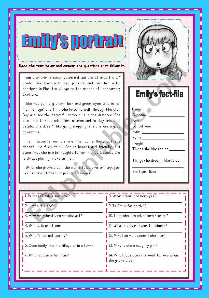 Emily´s portrait (a personal description) - ESL worksheet by Zmarques