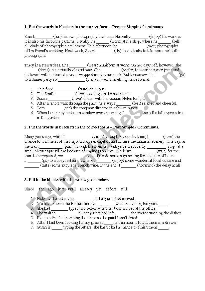 Present and Past: Simple and Continuous exercises - ESL worksheet by ...