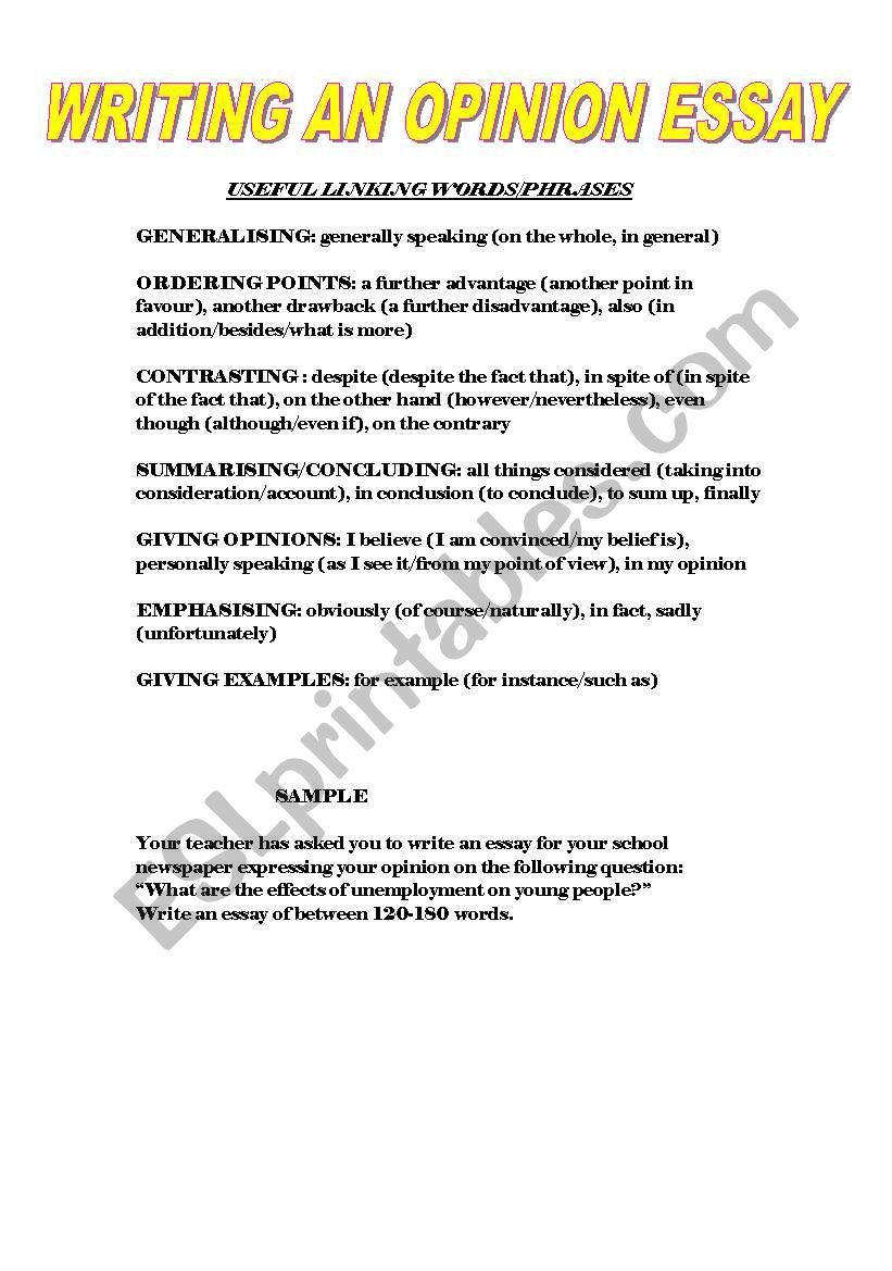 Writing An Opinion Essay ESL Worksheet By LILIAAMALIA