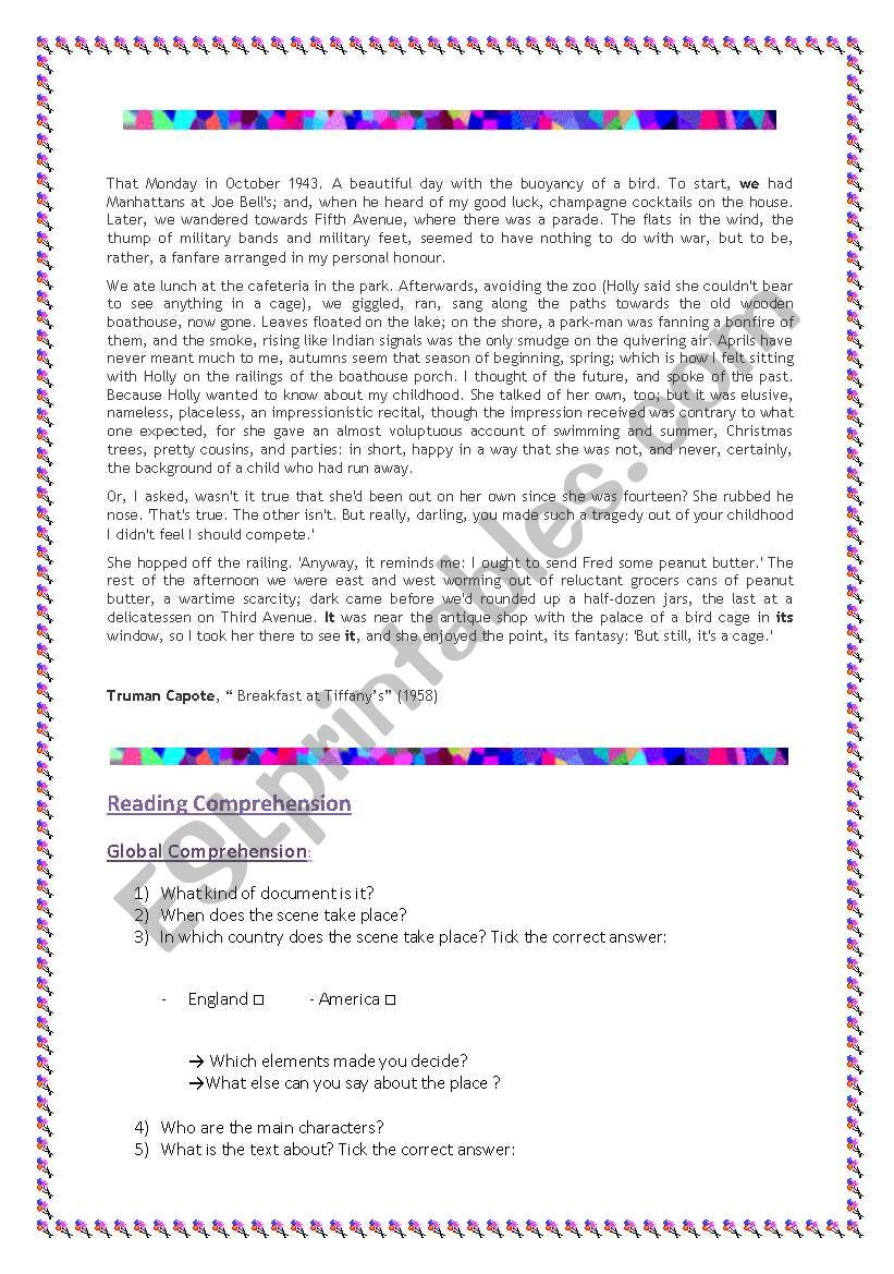 Truman Capote :Breakfast at Tiffany´s excerpt Reading Comprehension ...