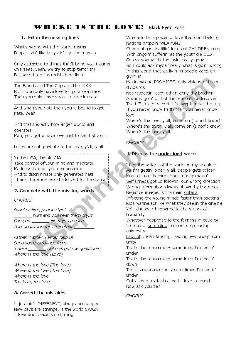 Where´s the love? Black eyed peas (KEY included) - ESL worksheet by ...