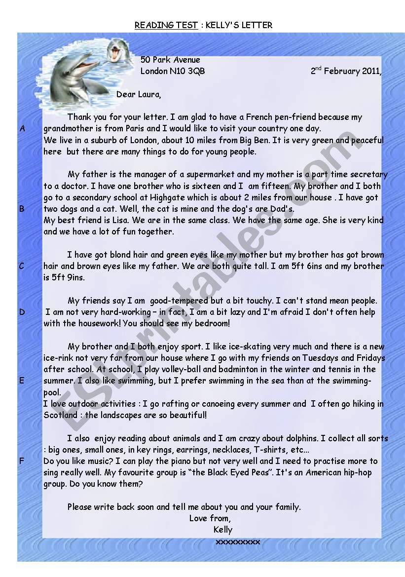 Reading comprehension : Kelly´s letter - ESL worksheet by Faurfab