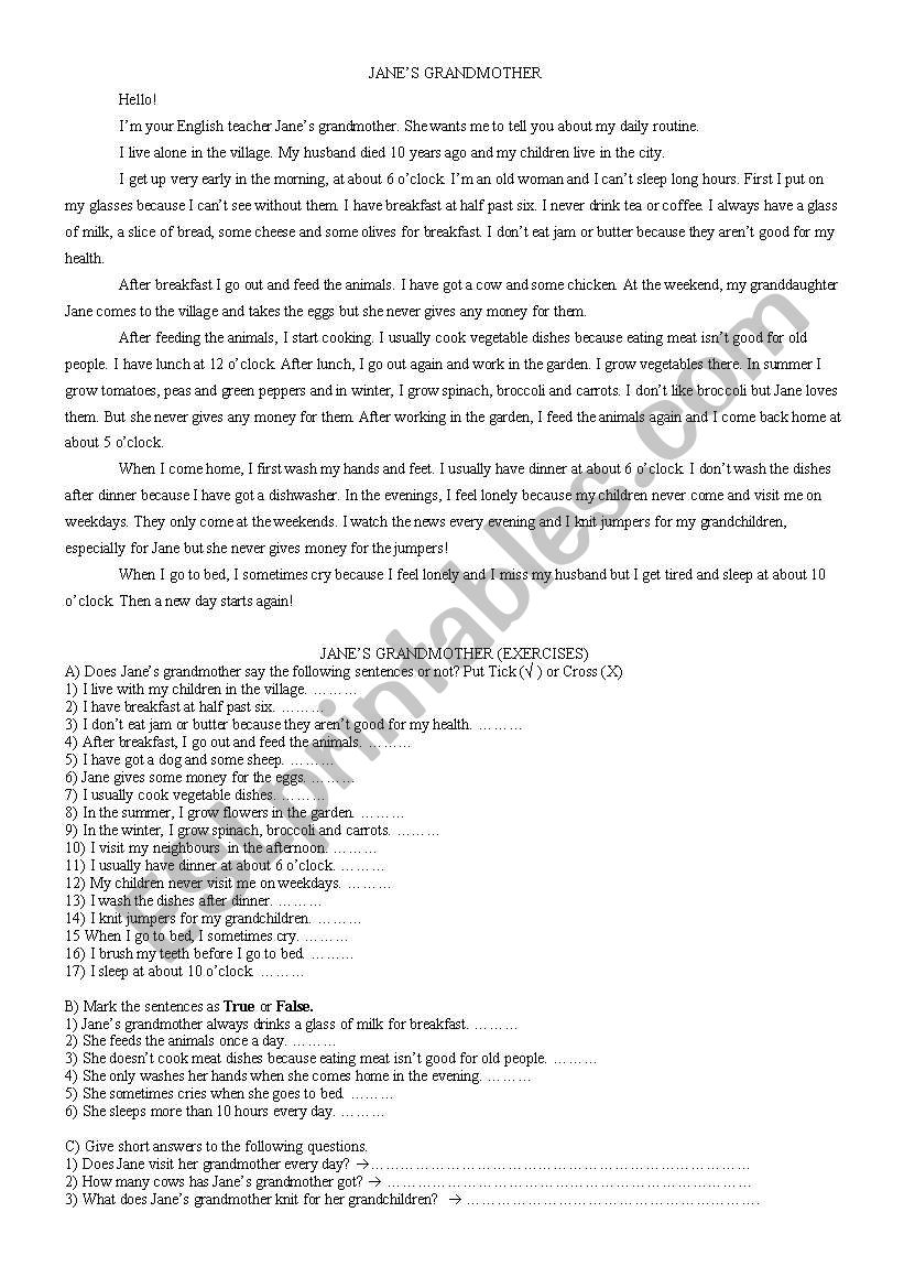 Jane´s Grandmother - ESL worksheet by ecusta78