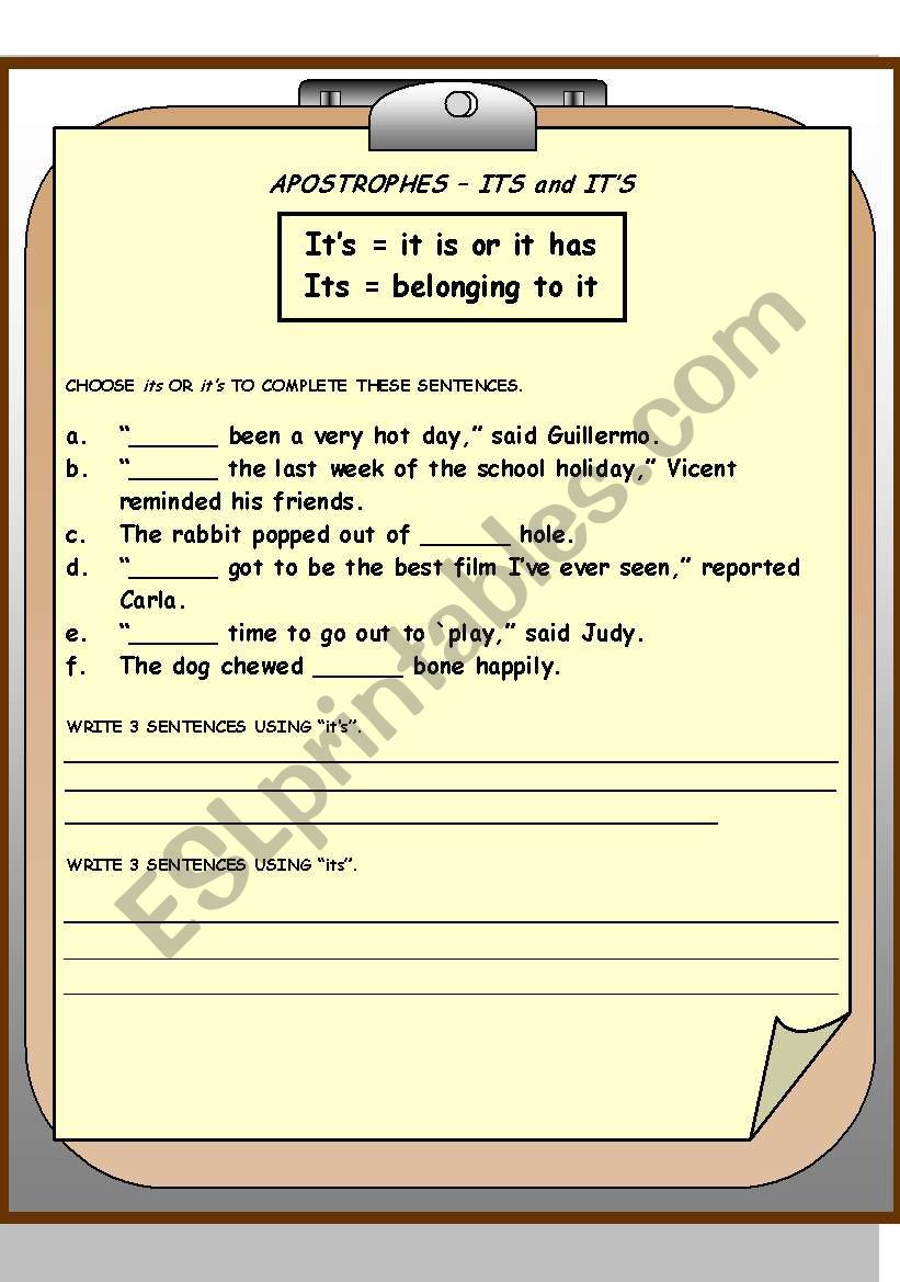 English worksheets: APOSTROPHES – ITS and IT’S