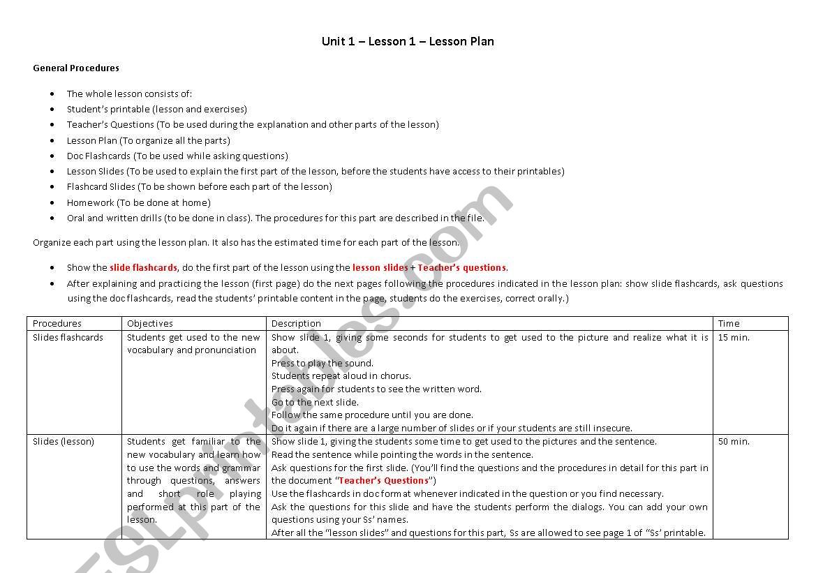 Unit 1, Lesson 1 – Lesson Plan (Complete Lesson) with procedures for ...