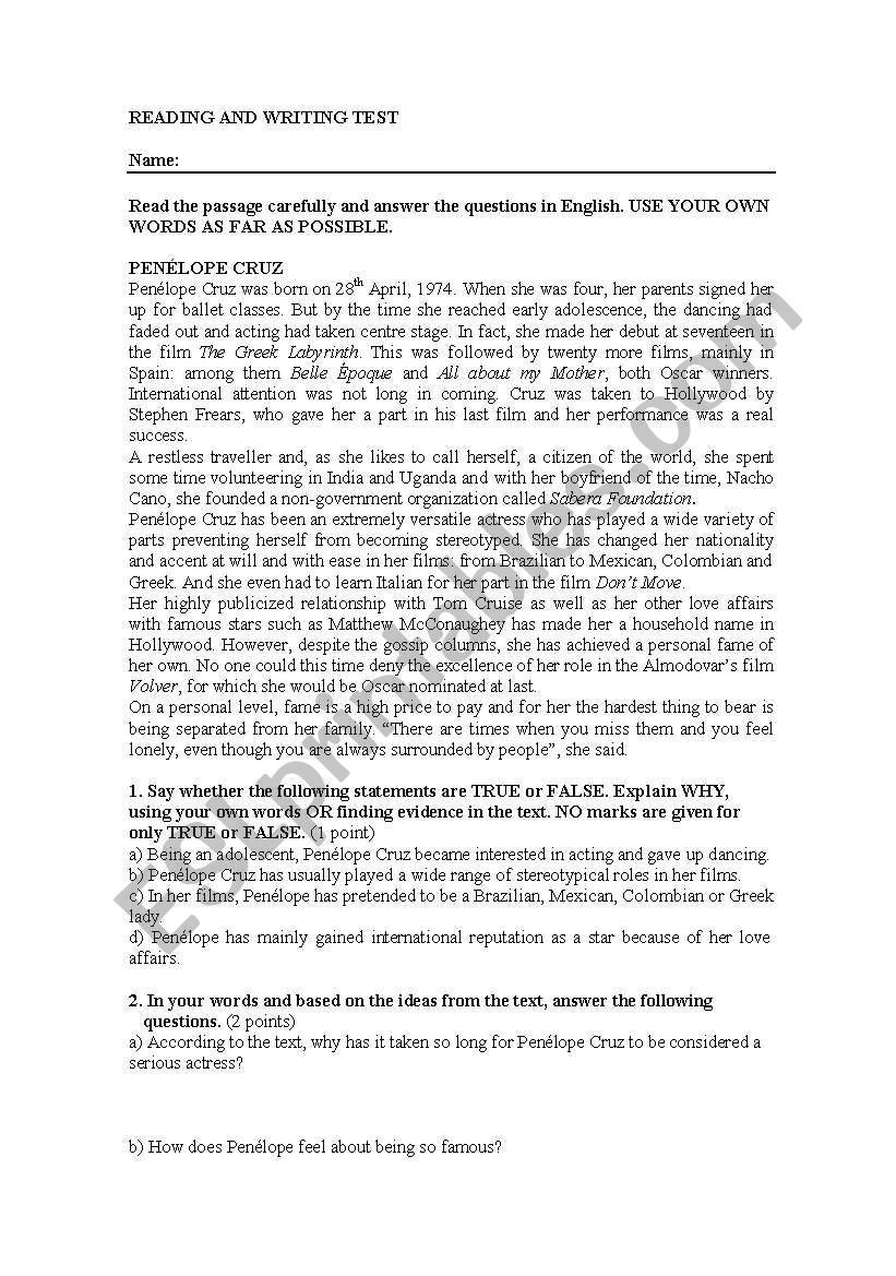 Penelopé Cruz - ESL worksheet by rafacrego