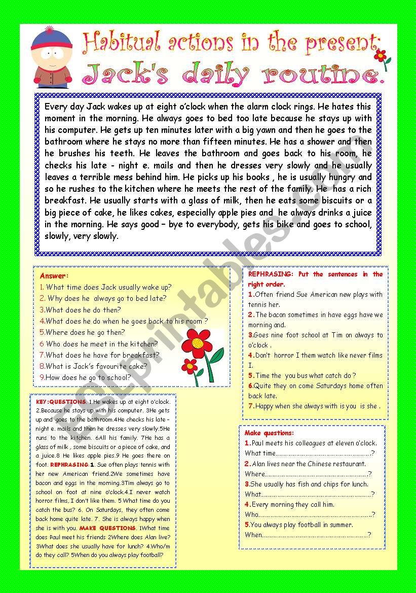 HABITUAL ACTIONS IN THE PRESENT: JACK´S DAILY ROUTINE. - ESL worksheet ...