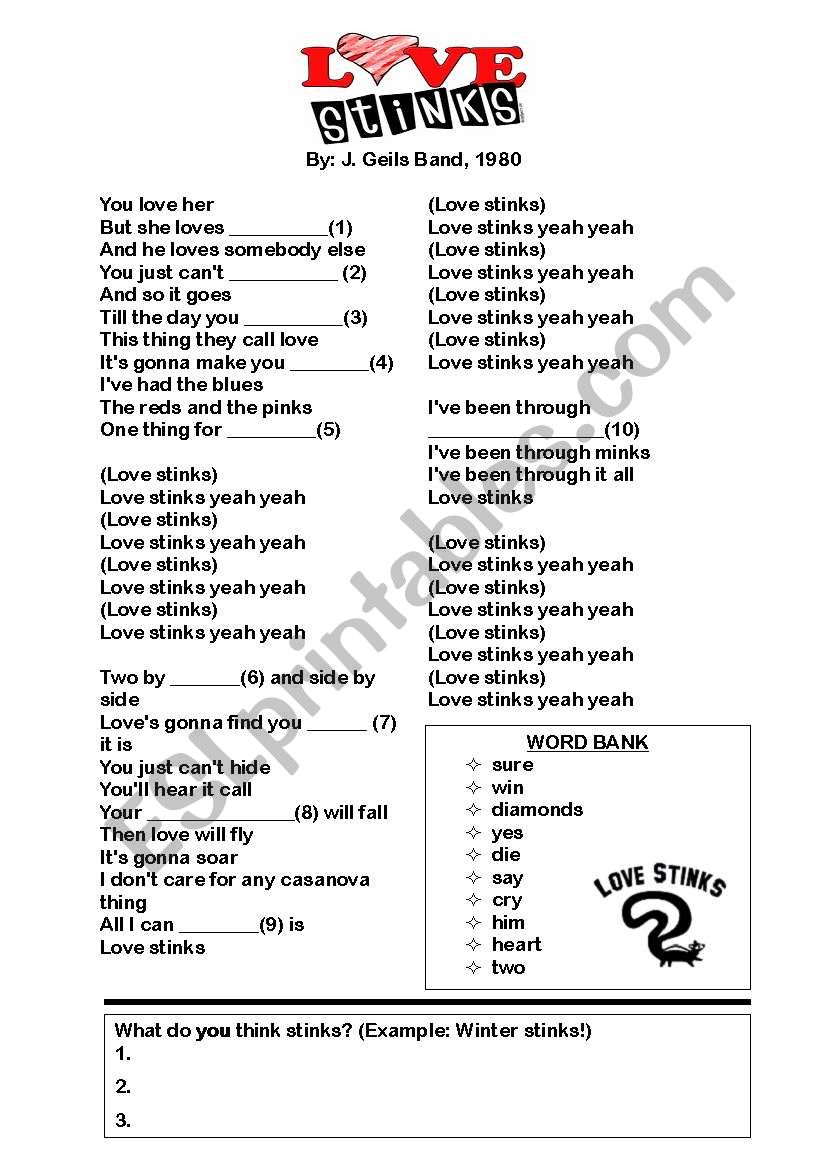 Love Stinks-- Song for Valentine´s Day? - ESL worksheet by duchessrachel