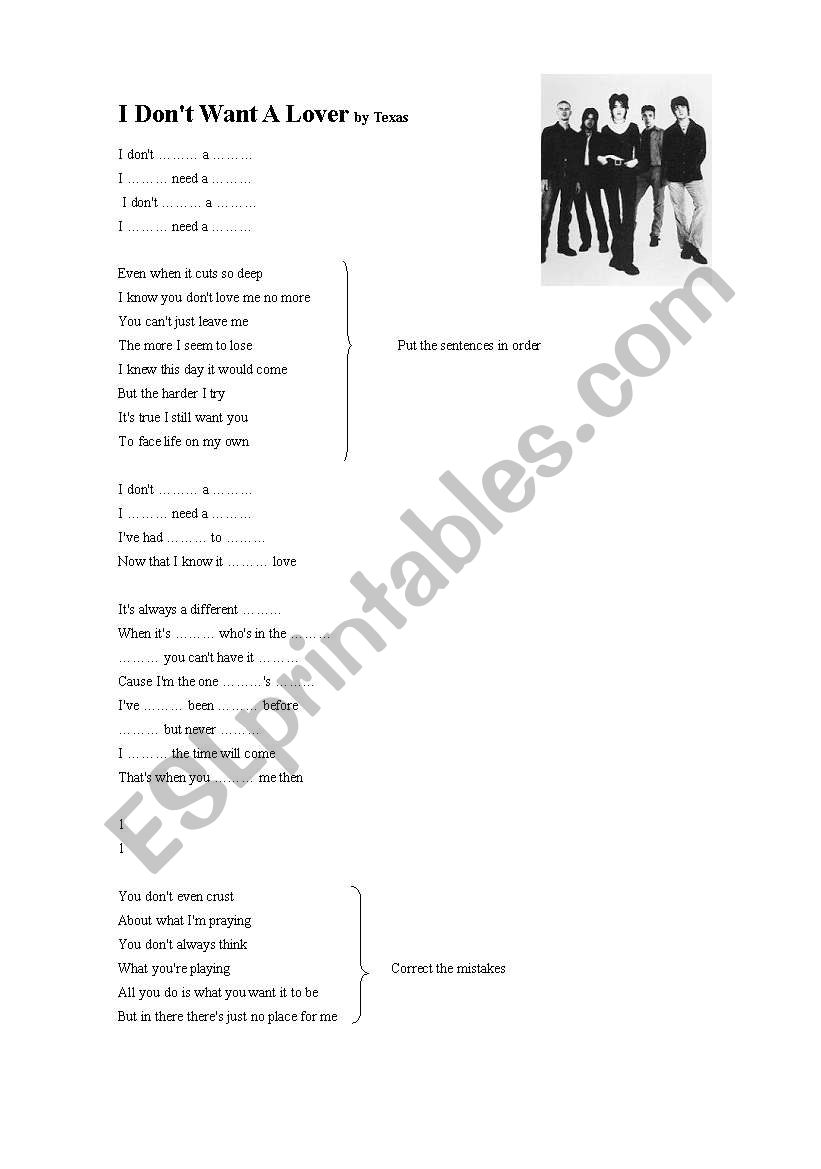 English worksheets: Texas´ song "I don´t want a Lover"
