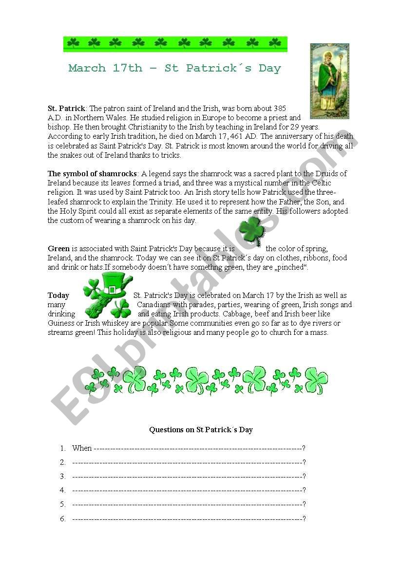 St Patrick´s Day History - ESL worksheet by renca