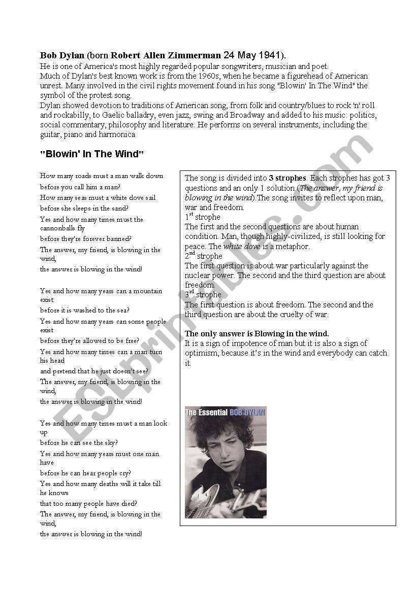 Bob Dylan and Blowin´ in the wind - ESL worksheet by Virna64