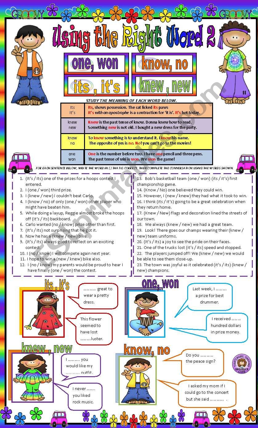 Using the right word part 2 : its, it´s, know, no, knew, new, one, won ...