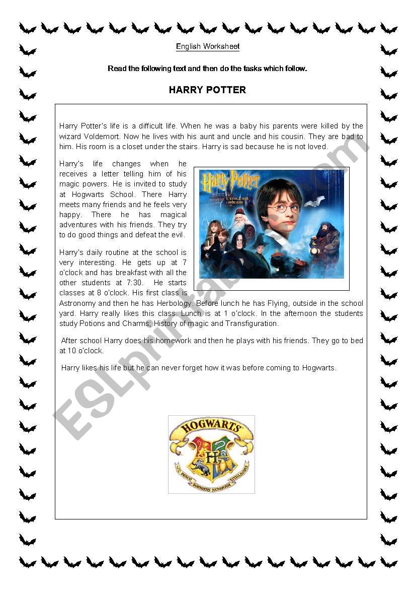 Harry Potter´s daily routine and simple past of the verb "to be" - ESL ...