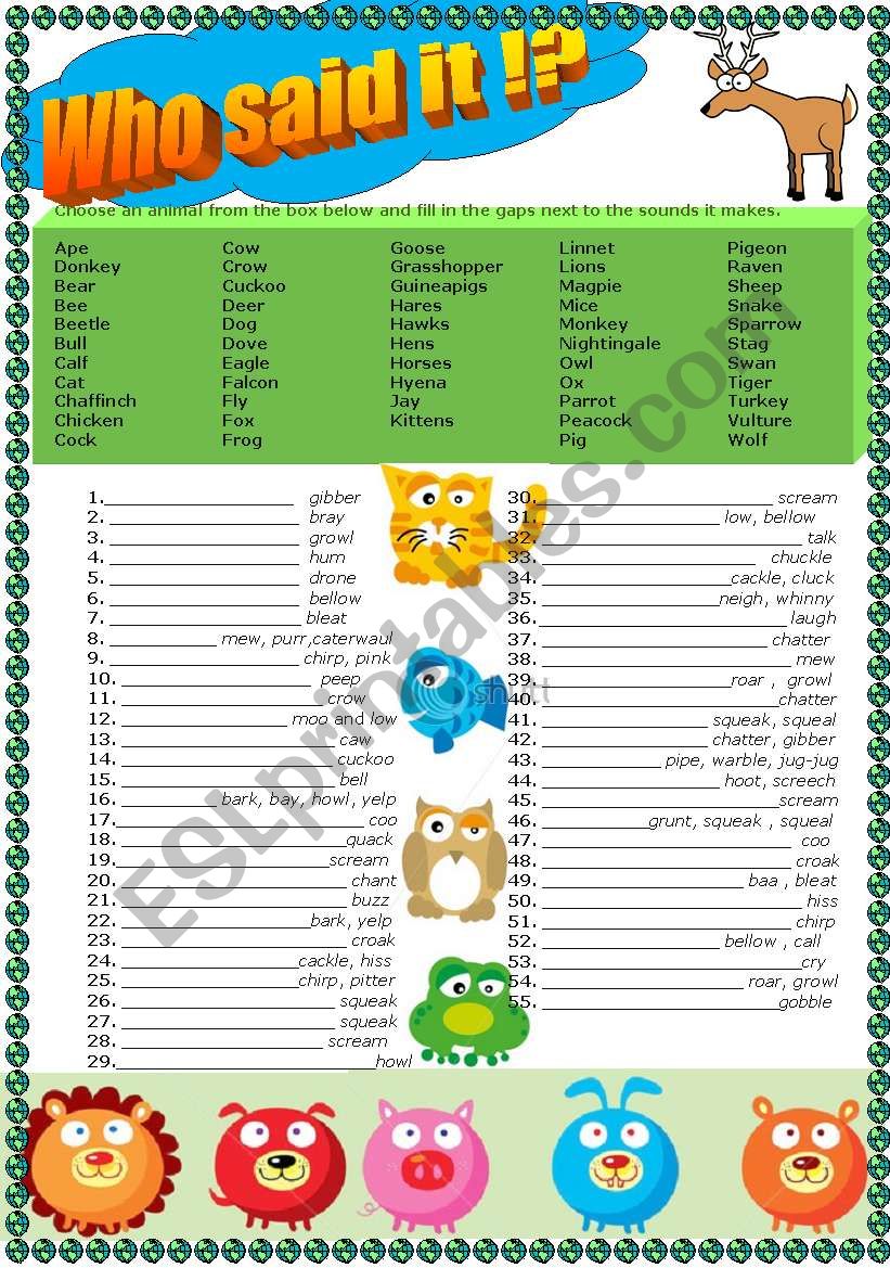 Animals, animals´ sounds, (warm up) + KEY - ESL worksheet by moskalets