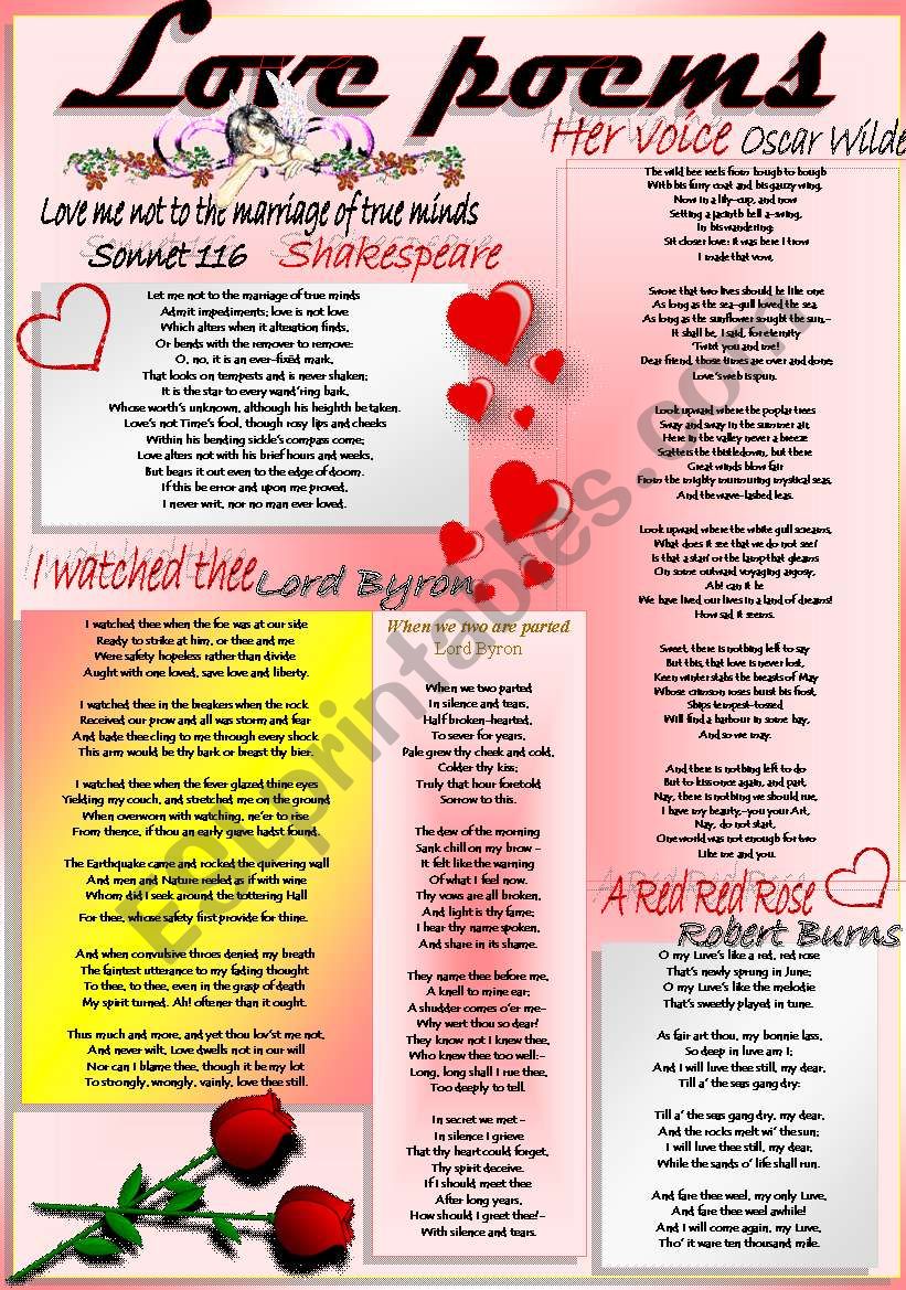 THE BEST POEMS OF LOVE for VALENTINE´S DAY - ESL worksheet by pilarmham