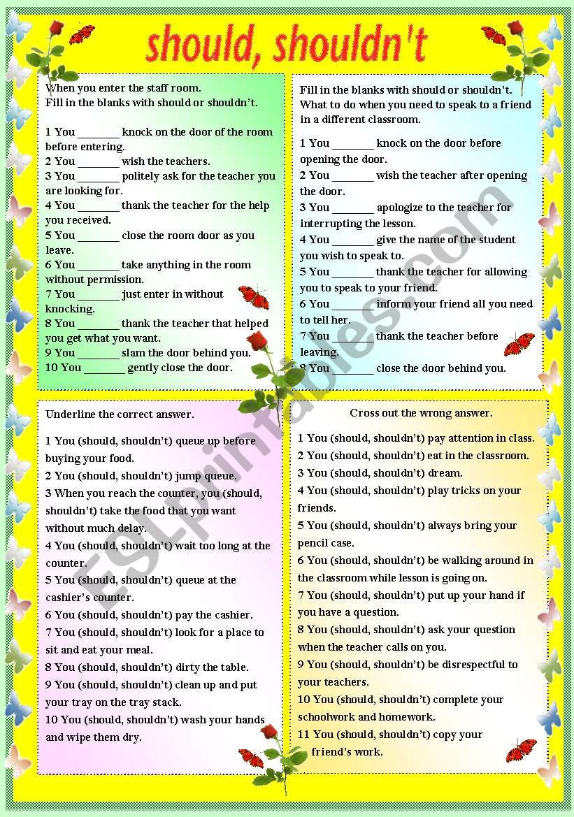 SHOULD OR SHOULDN´T (WITH B/W AND ANSWER KEY) - ESL worksheet by Sharin Raj SHOULD OR SHOULDN´T (WITH B/W AND ANSWER KEY) - ESL worksheet by Sharin Raj