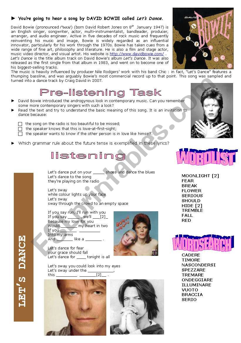 DAVID BOWIE - LET´S DANCE - CORRECT VERSION - ESL worksheet by cerix64